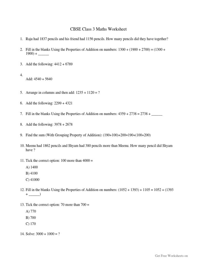 Class 3 Maths Addition Worksheets | PDF