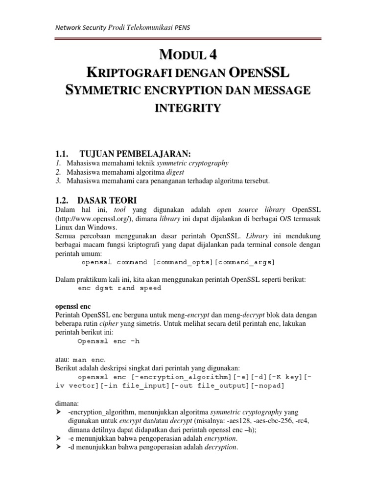 Kriptografi Simetris dan Integrasi Pesan dengan OpenSSL | PDF