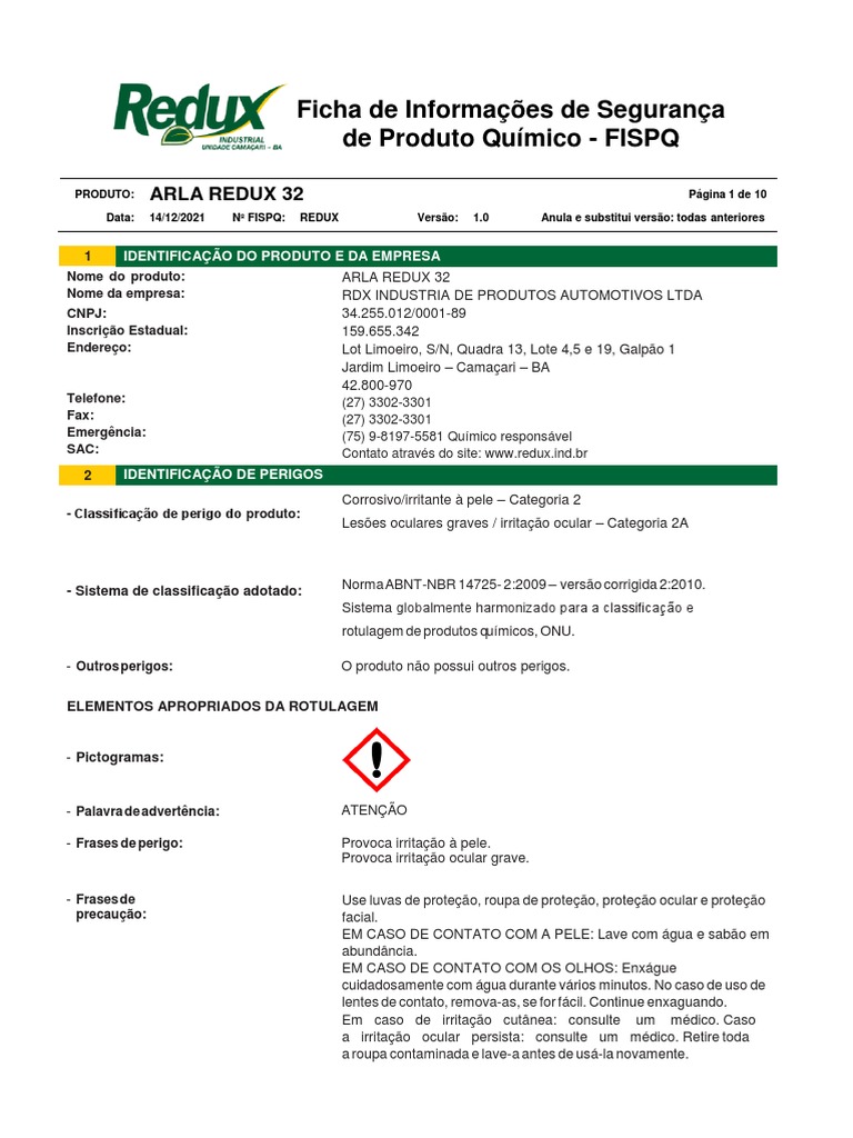 Fispq Arla Redux32 RDX PDF | PDF | Águas residuais | Embalagem e rotulagem