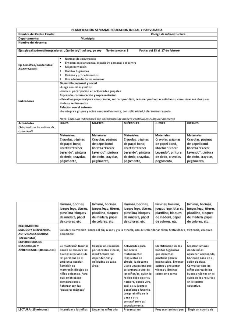 P6 Planificación Semana Uno Educacion Parvularia - P6 | PDF | Educación ...