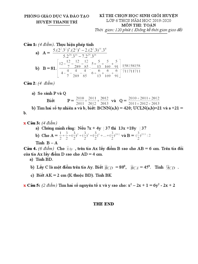 2019-2020 - HSG - Toan 6 - Thanh Tri (PRINT) BTVN 3.4 | PDF
