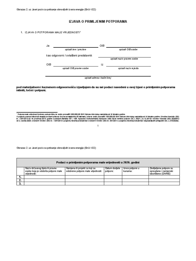 Prilog 5. Obrazac 2. Izjava o Primljenim Potporama | PDF