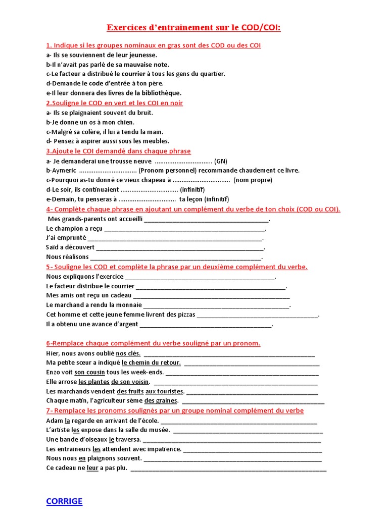 Exercices sur COD et COI en 6ème | PDF | Complément d'objet | Phrase