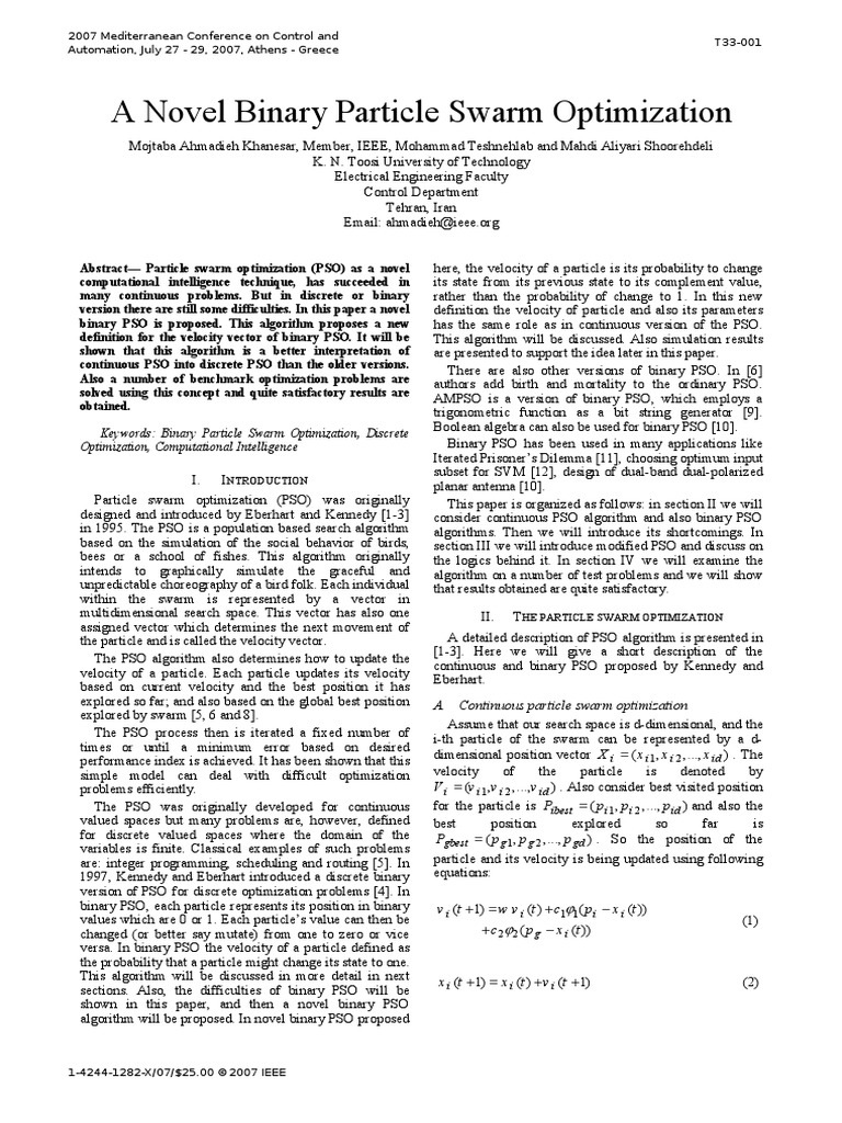 A Novel Binary Particle Swarm Optimization | PDF | Mathematical Optimization | Applied Mathematics