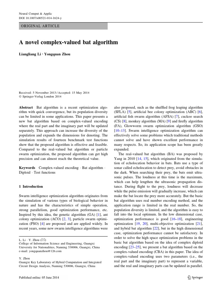 A Novel Complex Valued Bat Algorithm Pdf Mathematical Optimization Complex Number