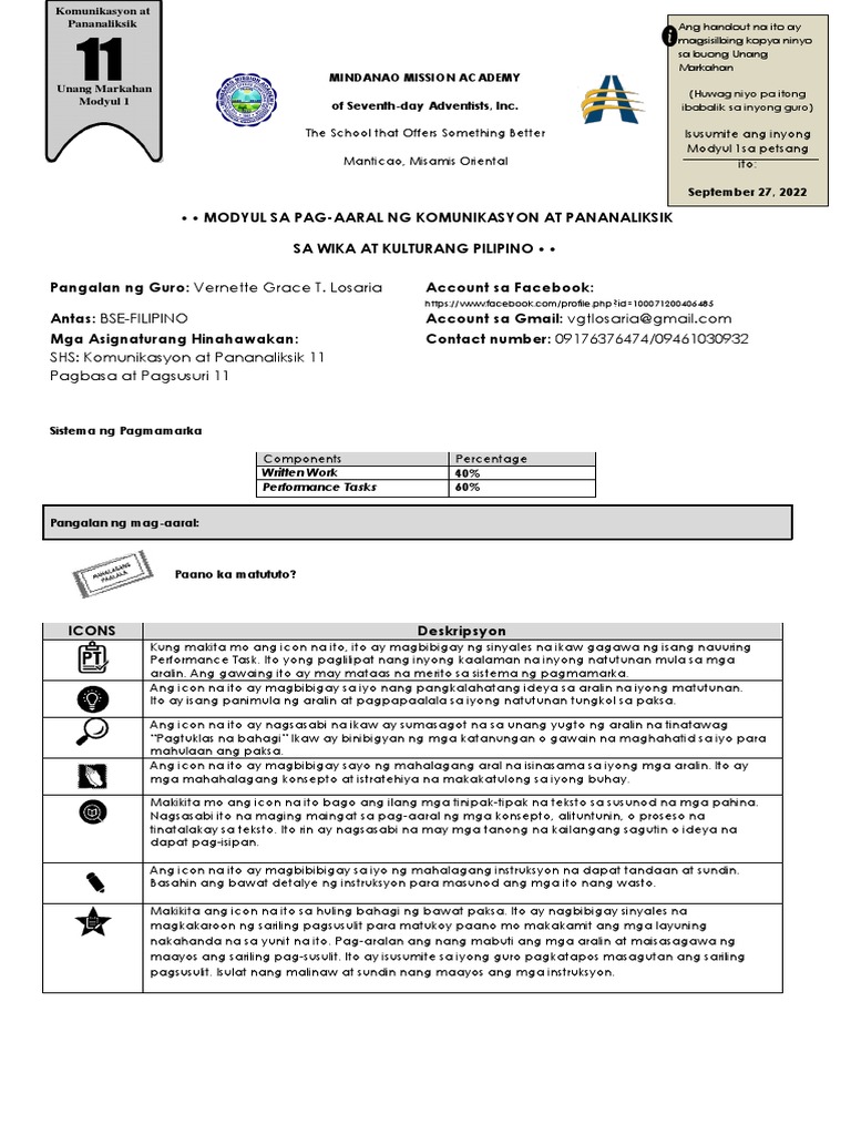 Komunikasyon at Pananaliksik 11 - Kwarter1 - Modyul1 | PDF
