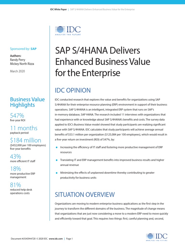 IDC - SAP S - 4HANA Delivers Enhanced Business Value For The Enterprise | PDF | Enterprise ...
