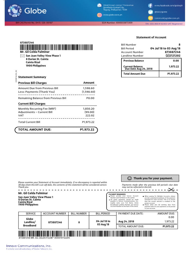 Globe Bill PDF | PDF | Business | Telecommunications