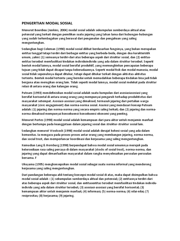 Pengertian dan Definisi Modal Sosial | PDF