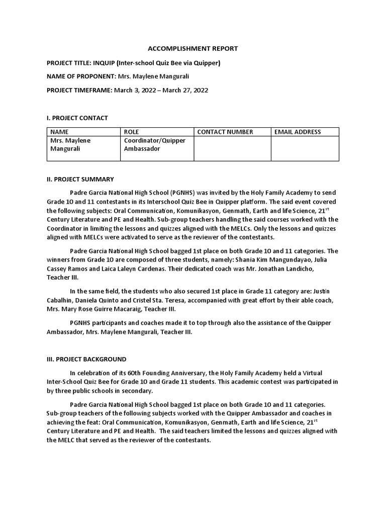 Accomplishment Report Quiz Bee | PDF