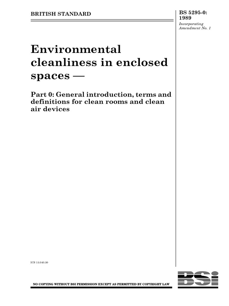 BS 5295 Part 0 1989 Enviro Cleanliness in Encl Spaces - Gen Intro Clean ...