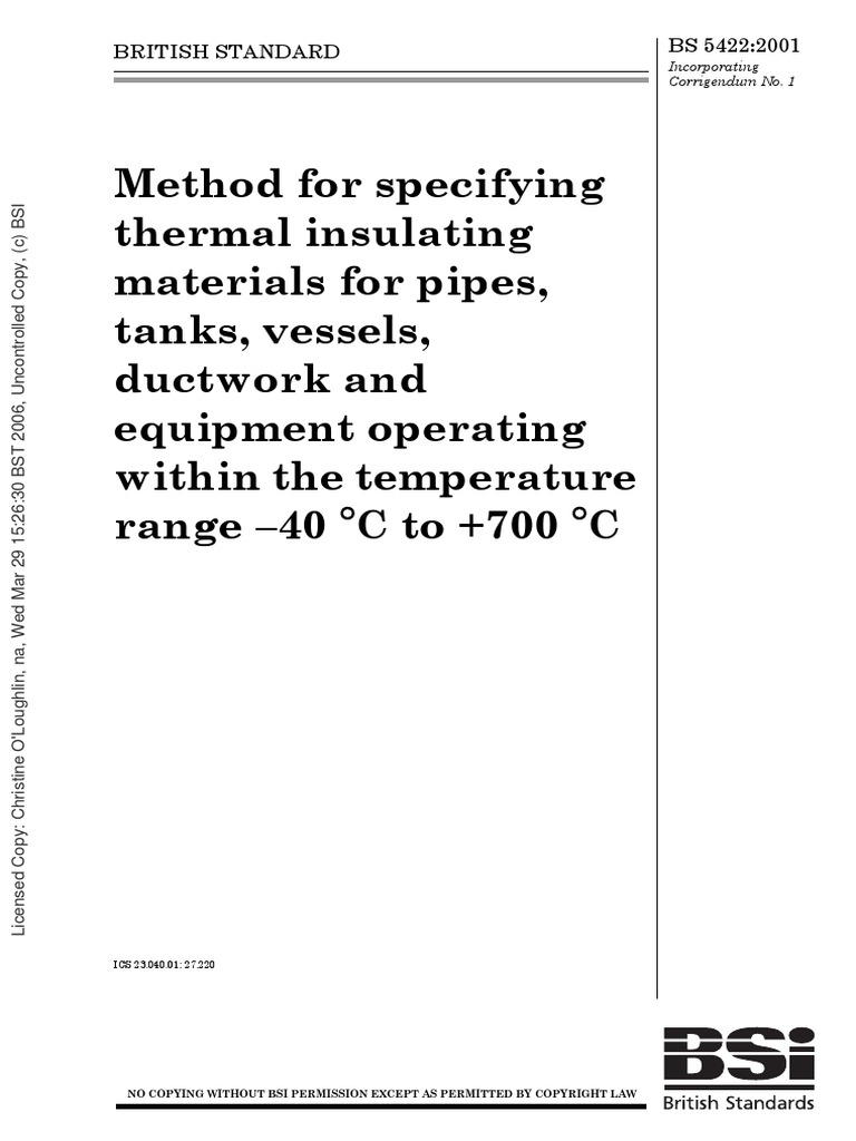 BS 5422 2001 Method For Specifying Thermal Insulating Materials For Pipes, Tanks, Vessels, Duct ...