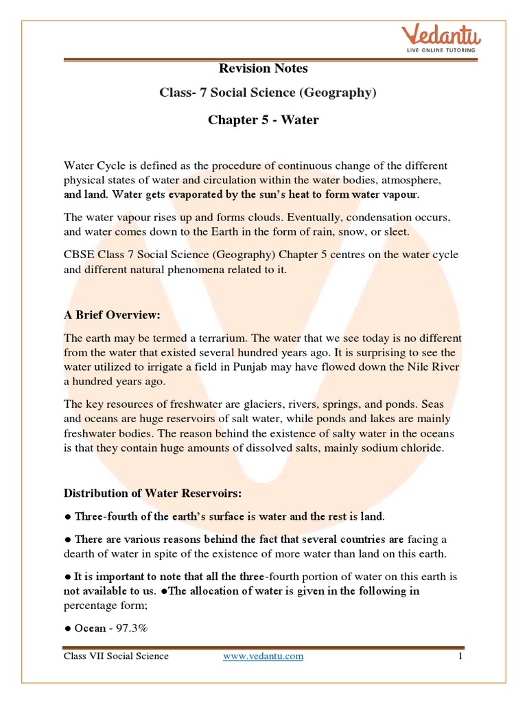 CBSE Class 7 Geography Chapter 5 Notes - Water | PDF | Tsunami | Oceans