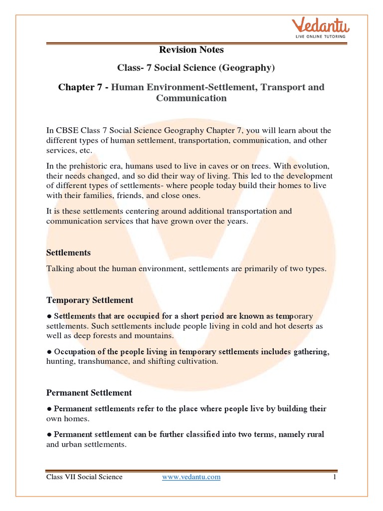 CBSE Class 7 Geography Chapter 7 Notes - Human Environment - Settlement ...