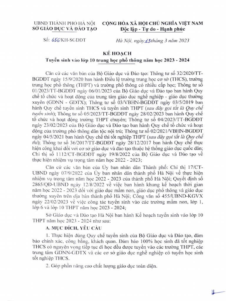 656-KH-SGD Kehoach Tuyensinh10 2023-2024 PDF | PDF