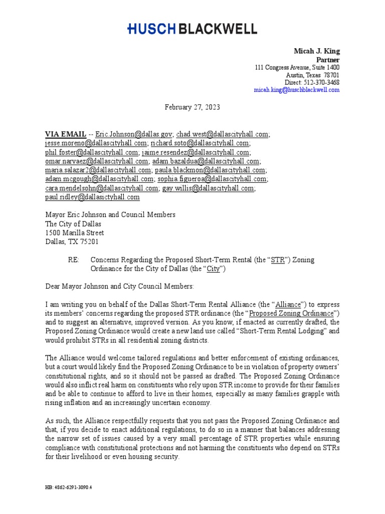 Husch Blackwell Letter Brief To Dallas City Council From The Dallas ...