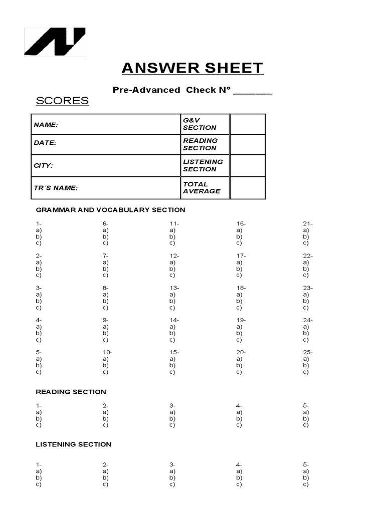 Answer Sheet Advanced | PDF