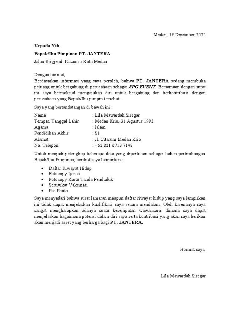 Surat Lamaran Mawar fix | PDF