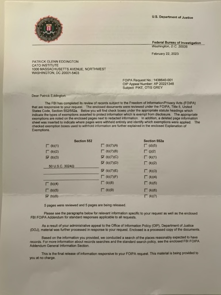 FBI Remand Release Rep Otis Pike-KCIA Activities 022223 | PDF | Freedom Of Information Act ...