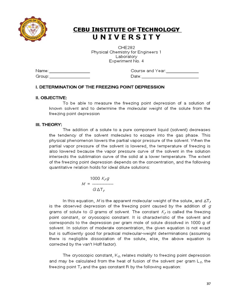 Expt. No. 4 Determination of The Freezing Point Depression | PDF ...