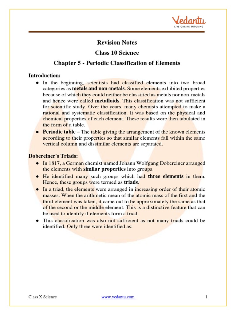 Class 10 Science Chapter 5 Revision Notes | PDF | Periodic Table ...