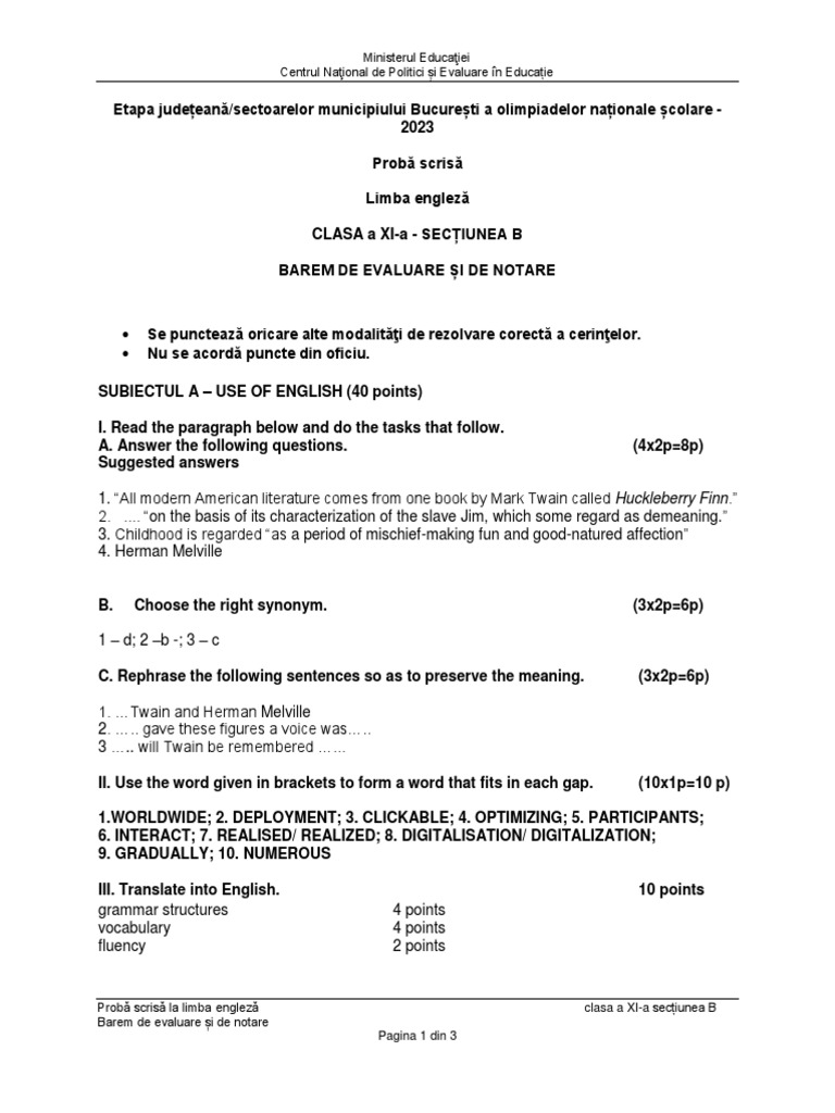 Engleza Cls A 11 A B Bar | PDF | Vocabulary | Essays