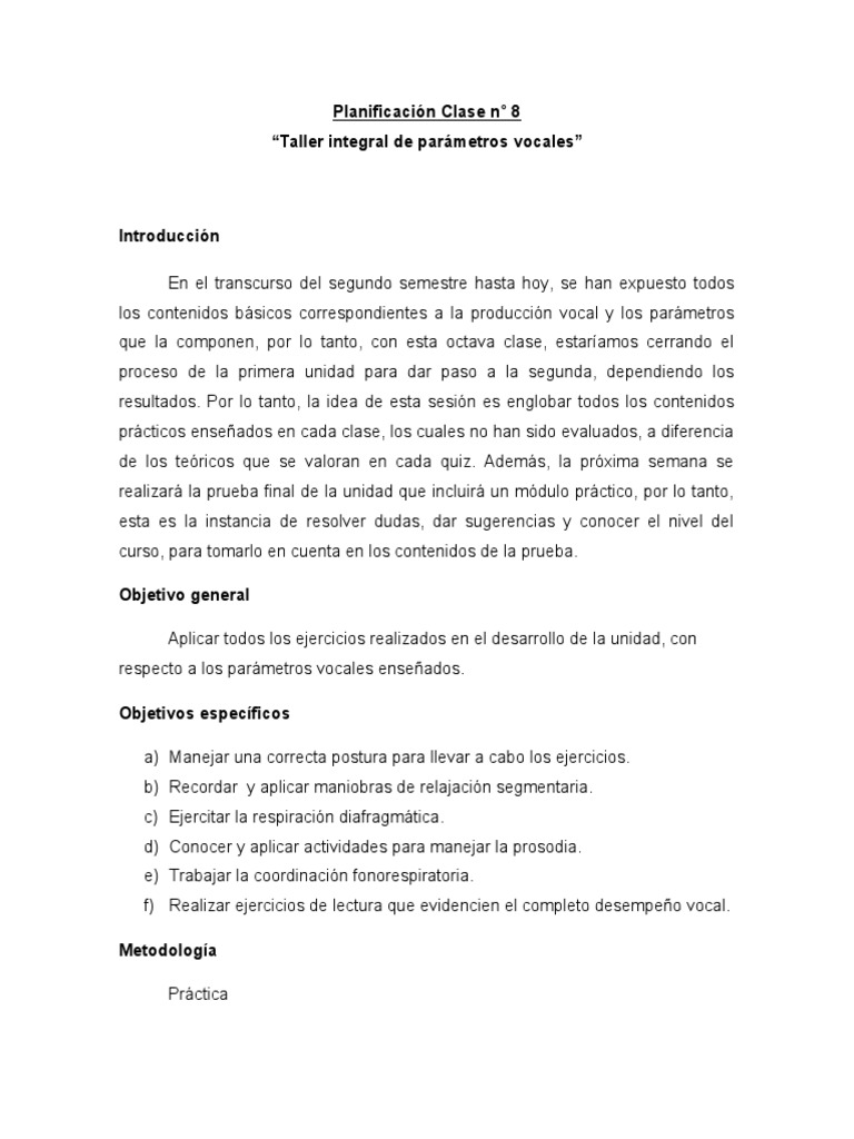 Planificación Clase N°8 Taller | PDF
