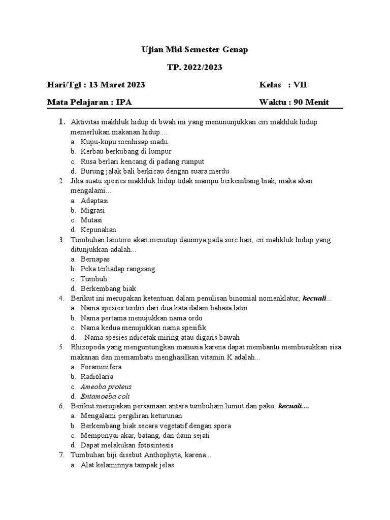 Ujian Semester Genap Kelas Vii 2023 | PDF