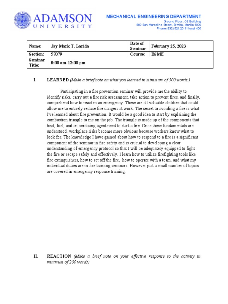 Reflection Paper Template Rev.2 | PDF | Fires | Fire Safety