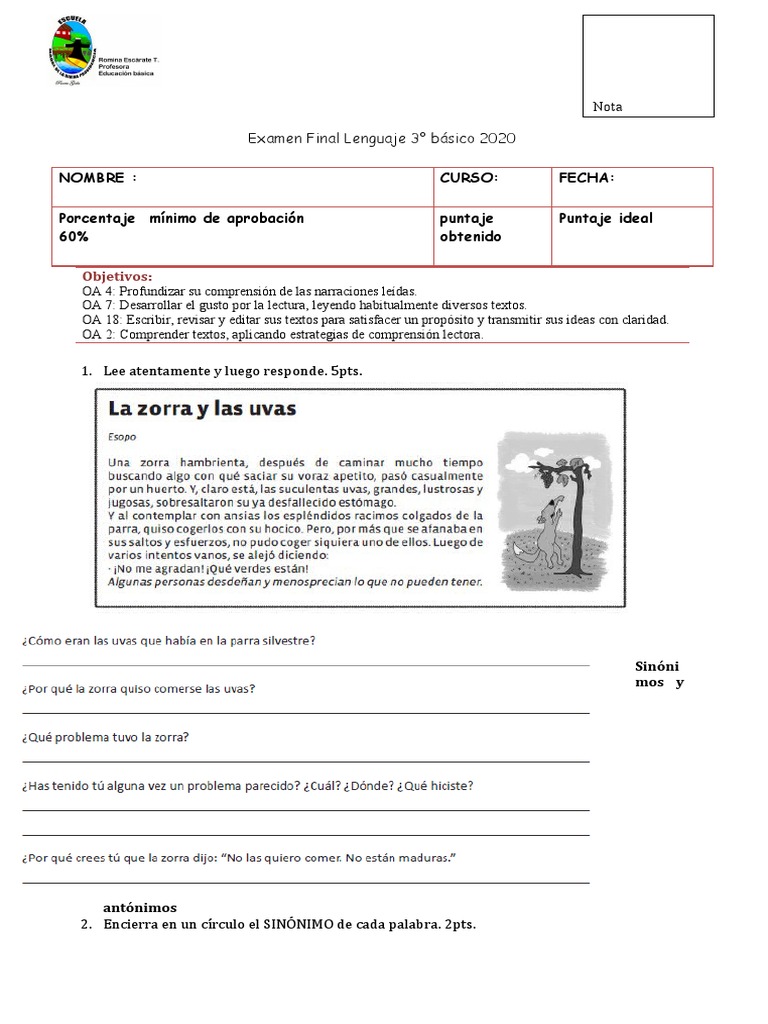 examen final 3° básico lenguaje 2020 | PDF | Cuentos | Ciencia cognitiva