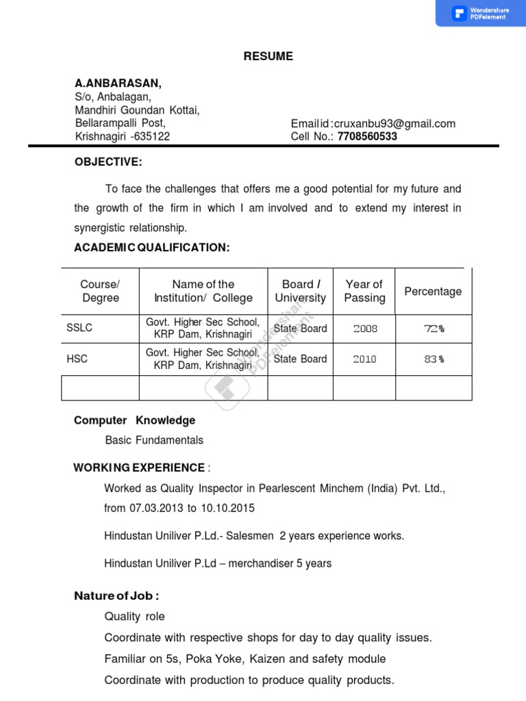 Resume of A. Anbarasan - Quality Inspector | PDF