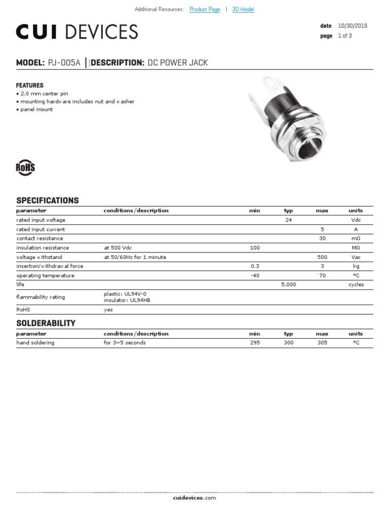 MODEL: PJ-005A Description: DC Power Jack: Features | PDF | Insulator (Electricity) | Electrical ...