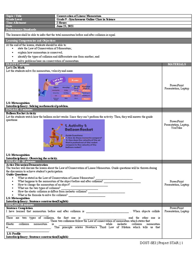 DLP-Law of Conservation of Linear Momentum-Observation | PDF ...