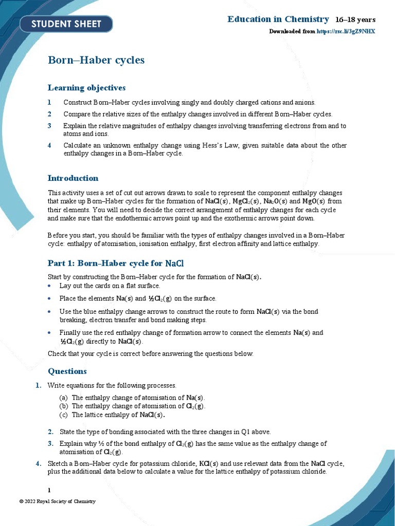 Born-Haber Cycles: Learning Objectives | PDF | Ionic Bonding | Ion
