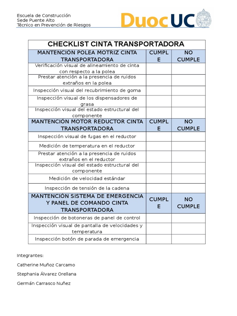 Checklist Cinta Transportadora: Mantención Polea Motriz Cinta ...