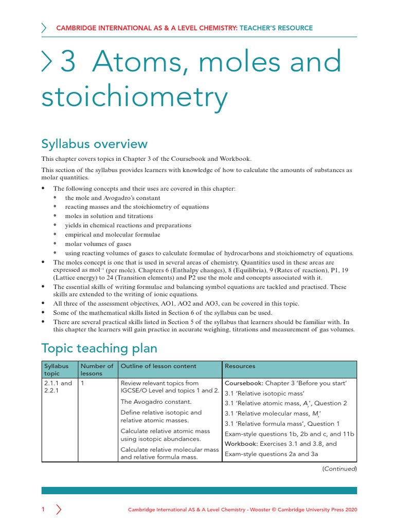 Teaching Notes Chapter 3 Asal Chemistry | PDF | Mole (Unit) | Stoichiometry