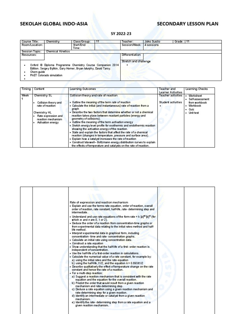 Chemistry Lesson Plan: Chemical Kinetics | PDF | Reaction Rate ...