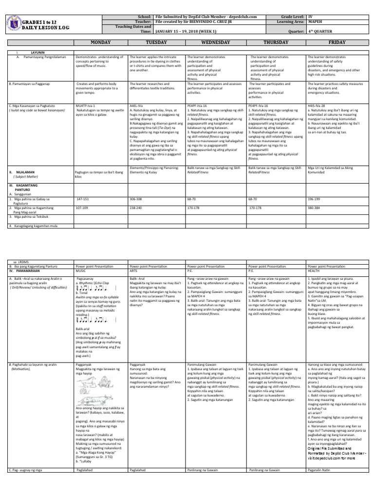 DLL - Mapeh 4 - Q4 - W1 | PDF