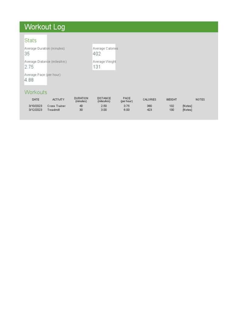Workout Log Free Excel Template | PDF