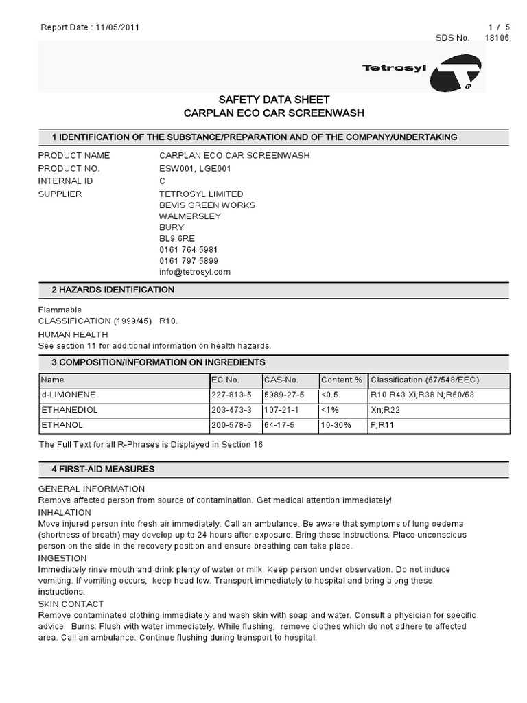 Carplan Eco Screenwash Safety Data | PDF