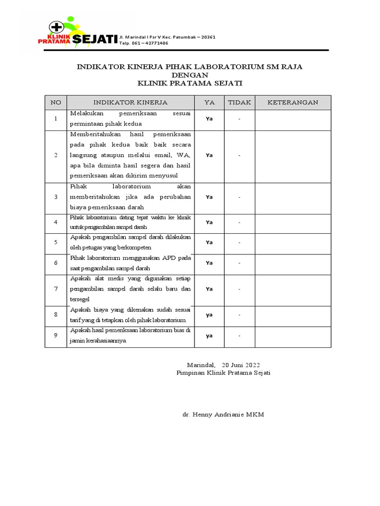 Indikator Kinerja Pihak Laboratorium SM Raja | PDF