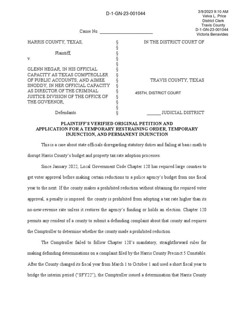 Original Petition and App For TRO TI and PI | PDF | Injunction | Taxes