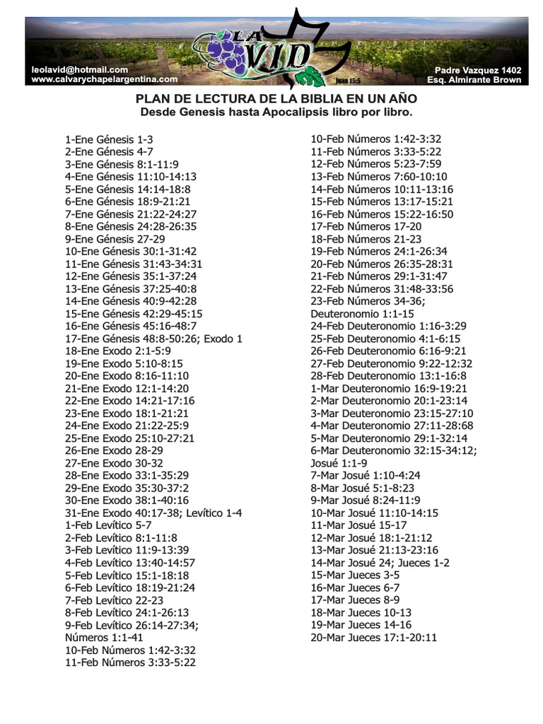 PLAN DE LECTURA DE LA BIBLIA EN UN AÑO Desde Genesis Hasta Apocalipsis ...