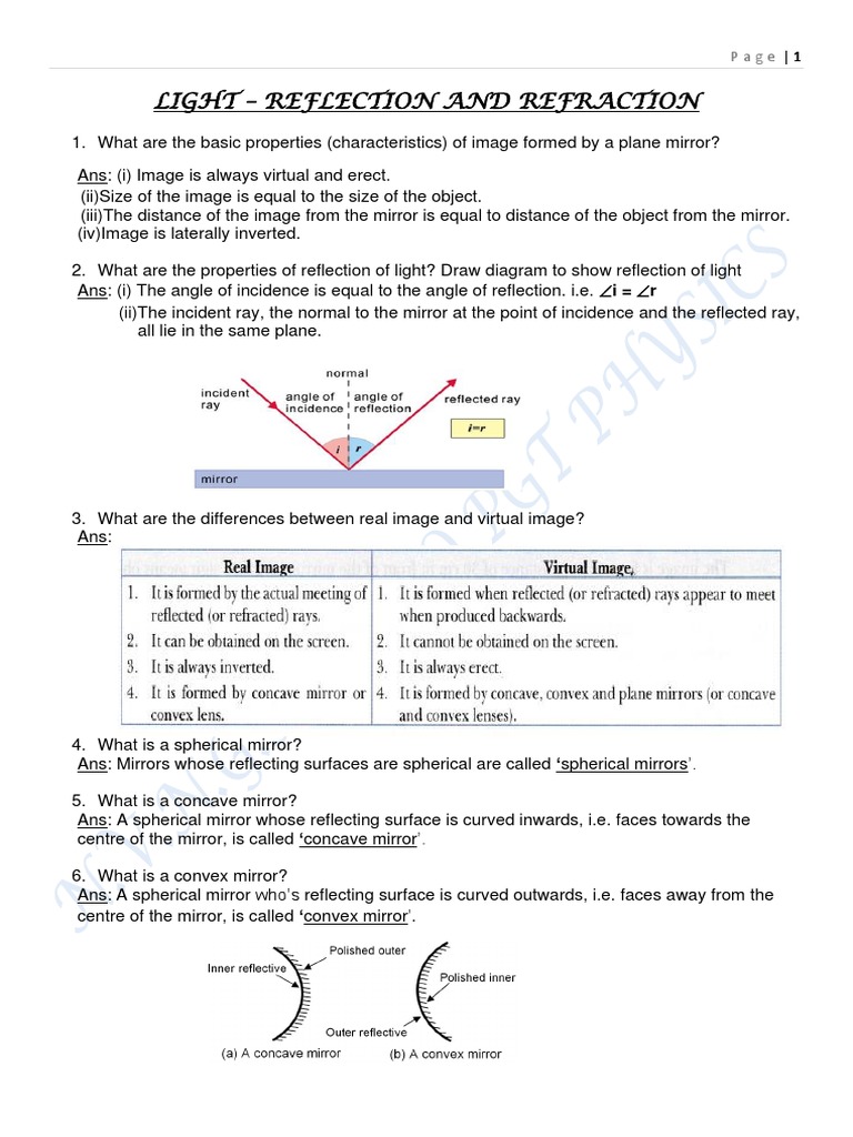 Light - Reflection & Refraction - (22-23) | PDF | Mirror | Refraction