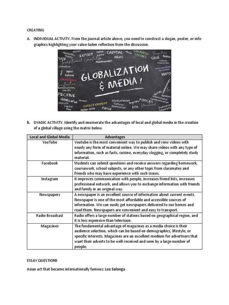 TCWD-Globalization and Media Activities | PDF | Mass Media | Newspapers