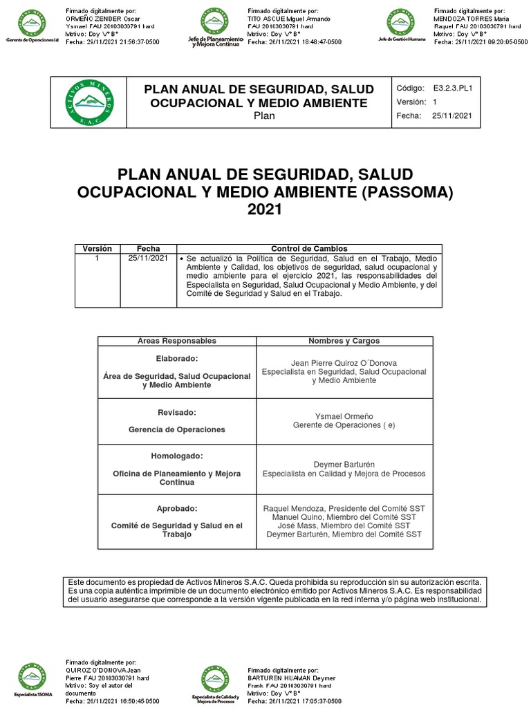 Plan Anual de Seguridad, Salud Ocupacional y Medio Ambiente (PASSOMA) 2021 de Activos Mineros S ...