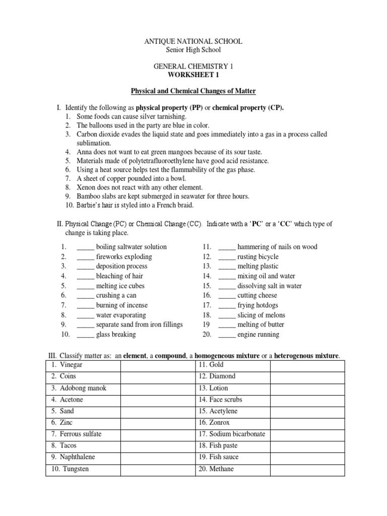 Worksheet 1. Matter | Download Free PDF | Mixture | Water