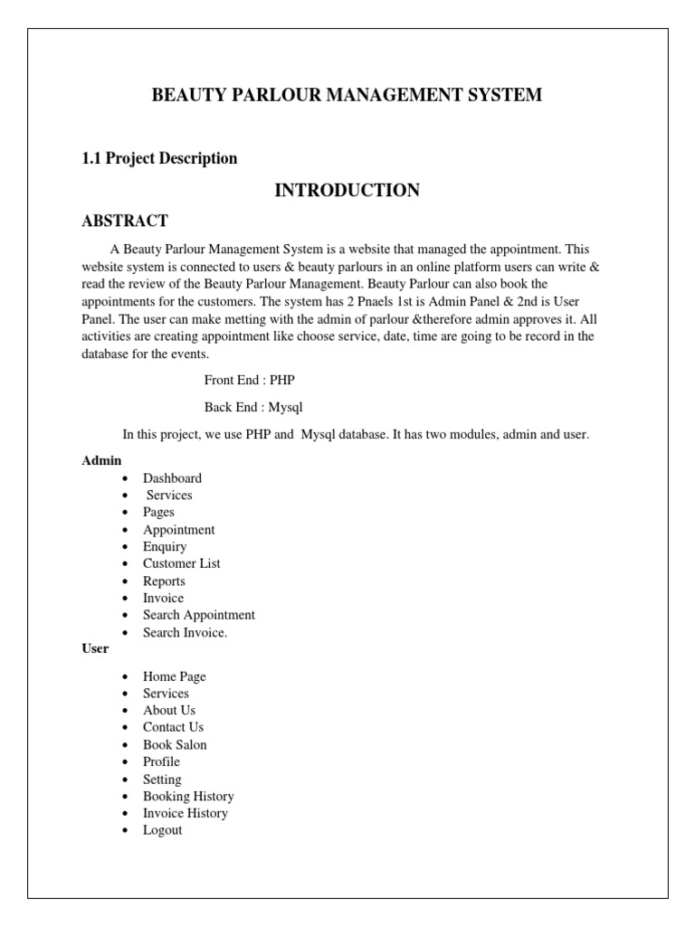 Beauty Parlour Management System Overview | PDF | Php | My Sql