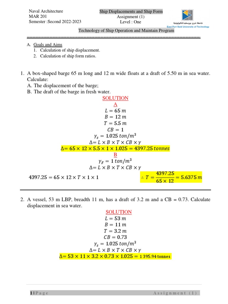 Assignment 1-Ship Displacement and Form Ratios | PDF