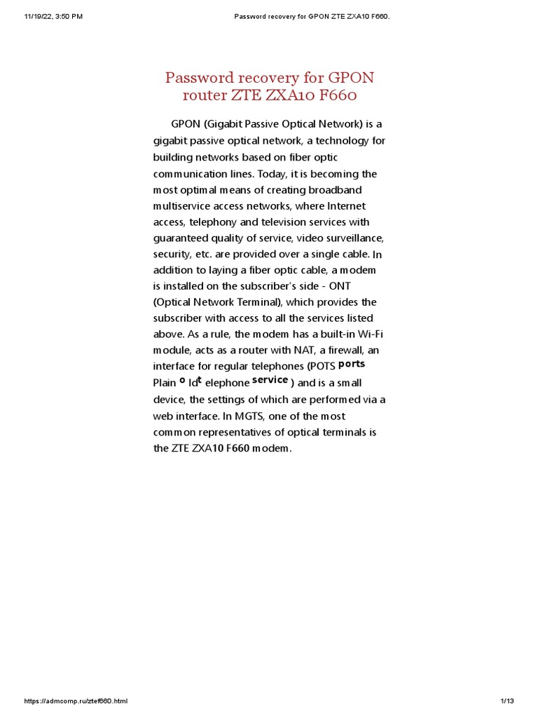 Password Recovery For GPON ZTE ZXA10 F660 | PDF | Computer Network | Modem